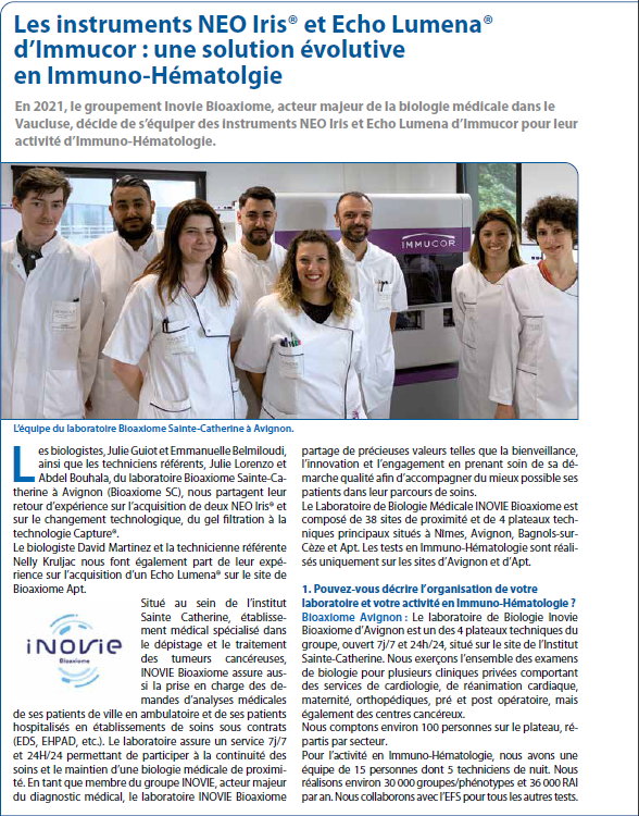 Les instruments NEO Iris® et Echo Lumena®d’Immucor : une solution ...