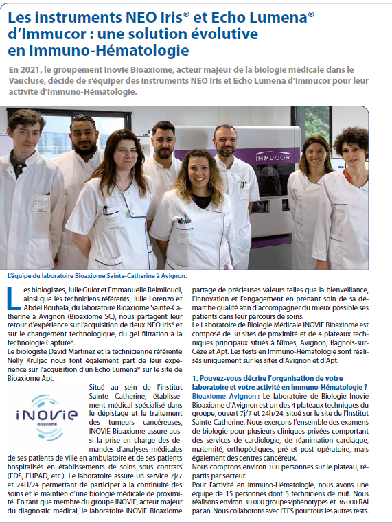 Les instruments NEO Iris® et Echo Lumena®d’Immucor : une solution ...